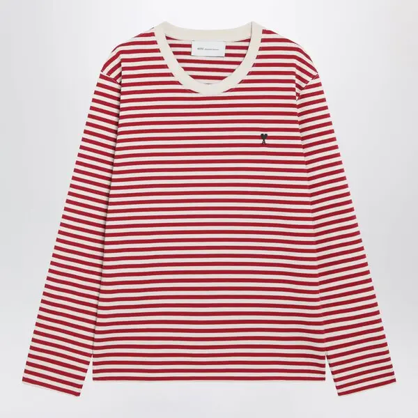 AMI Paris Ivory Striped De Coeur Long-sleeved T-shirt