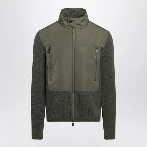 Moncler Olive Cardigan In Wool With Polyester Inserts - Green