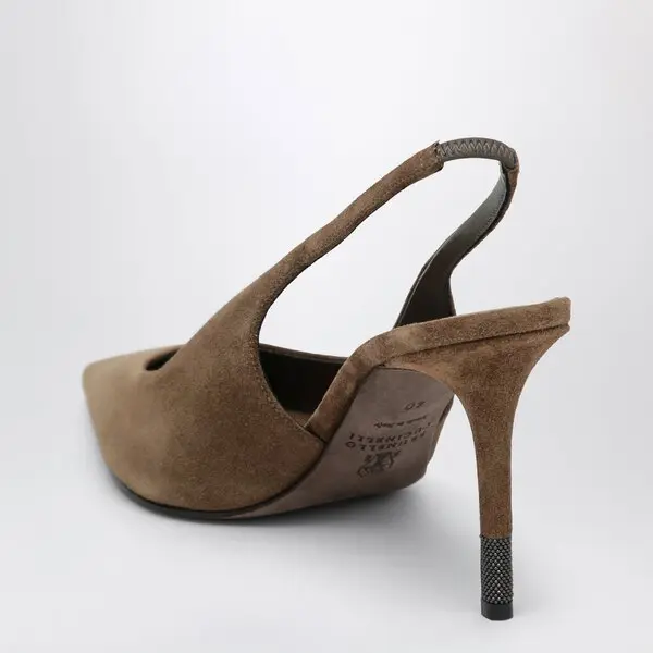Brunello Cucinelli Caramello Suede Slingback Pumps With Monili
