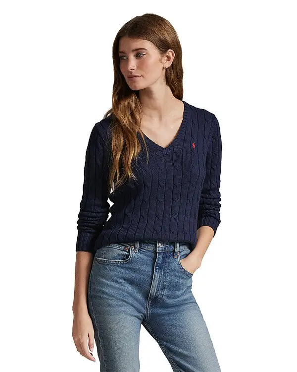 Polo Ralph Lauren Cable Knit Cotton V Neck Sweater - Blue
