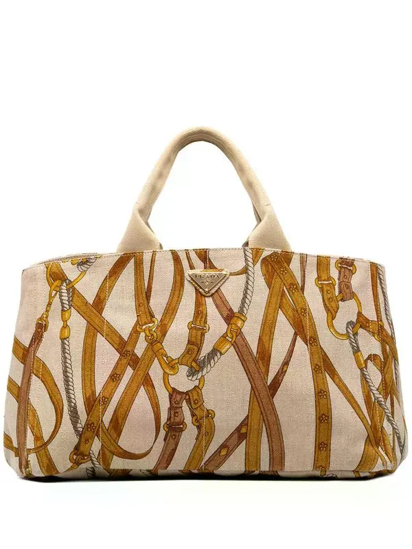 Prada 2000-2013 Large Printed Canvas Canapa Stampata Tote Bag - Brown