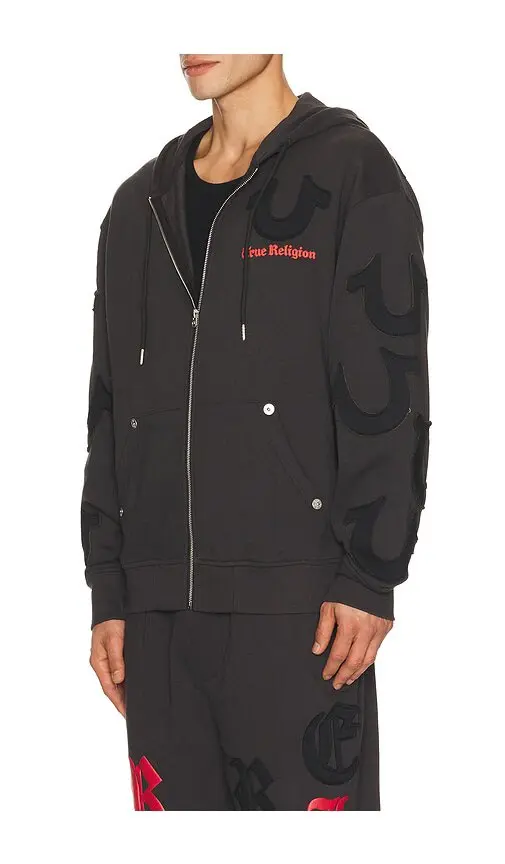True Religion Tossed Logo Zip Hoodie In Black