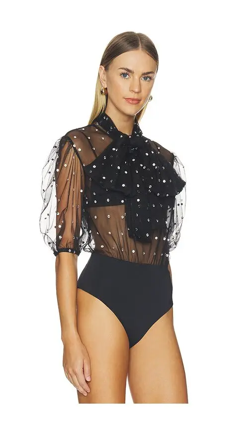 BRONX BANCO Sheer Short Sleeve Bodysuit With Diamond Bow