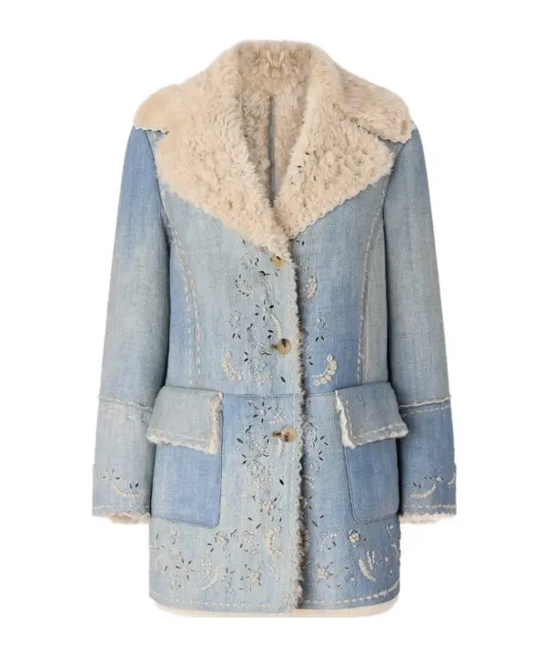 Ermanno Scervino Denim-effect Shearling Coat With Cut-out Embroidery