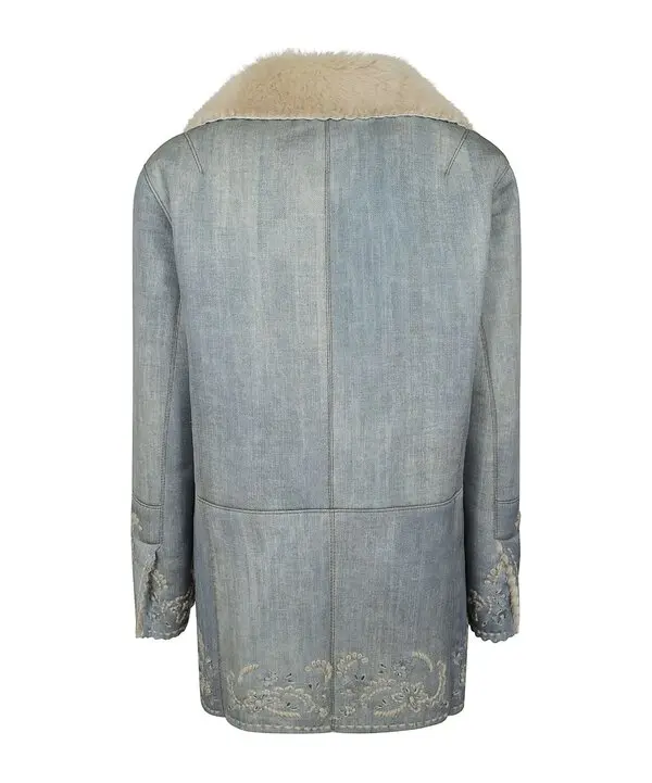 Ermanno Scervino Denim-effect Shearling Coat With Cut-out Embroidery