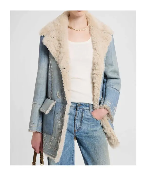 Ermanno Scervino Denim-effect Shearling Coat With Cut-out Embroidery