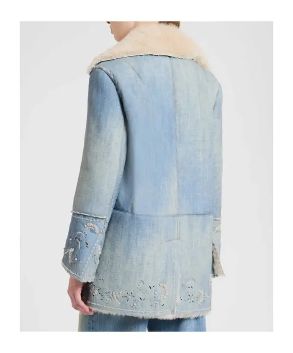 Ermanno Scervino Denim-effect Shearling Coat With Cut-out Embroidery
