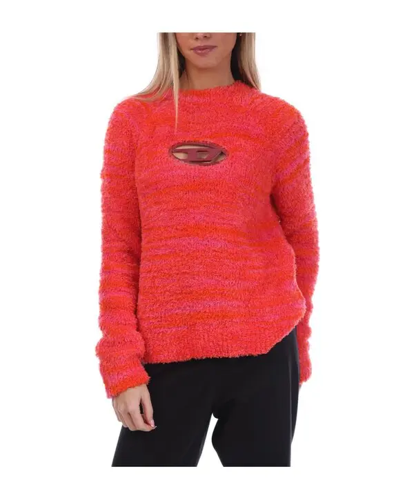 DIESEL® Crew Neck Cutout Logo Fuzzy Knit Sweater - Red