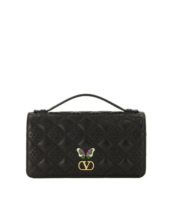 Valentino Garavani Flutterby Chain Wallet In Shiny Nappa Leather With Butterfly Embroidery - Black