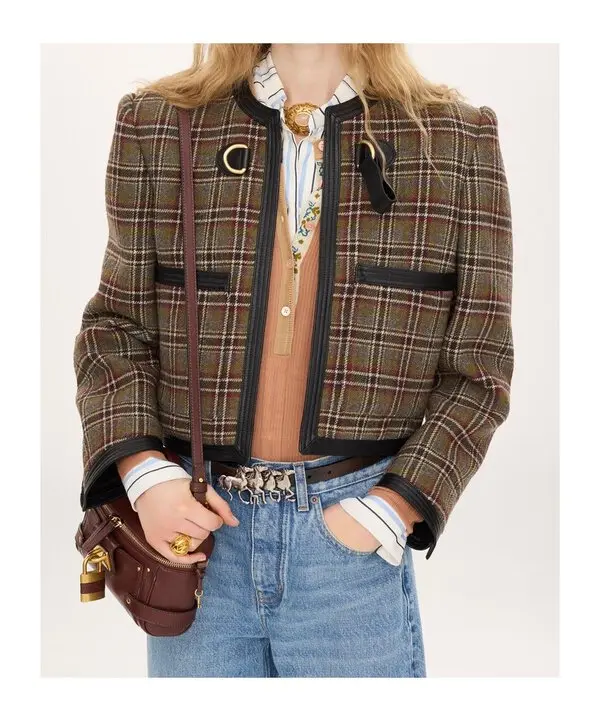 Chloé Collarless Cropped Boxy Jacket In Check Wool