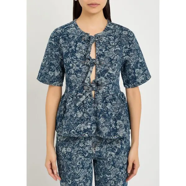 GANNI B Tapestry Denim Peplum Blouse