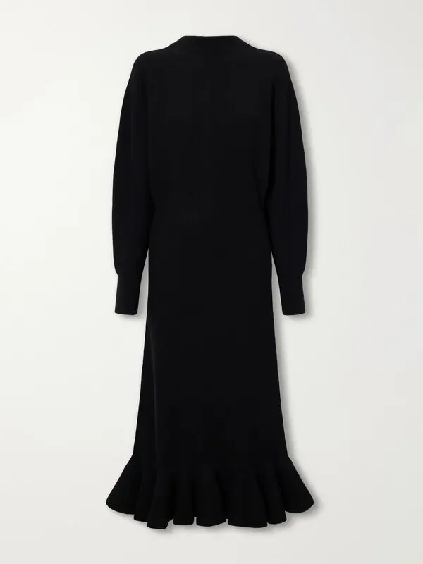 LANVIN Peplum Ribbed-trim Wool And Cashmere-blend Midi Dress - Black
