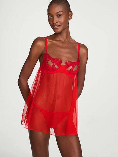 Victoria's Secret Dream Angels Wicked Shimmer Bow Embroidery Peekaboo Babydoll Set - Red