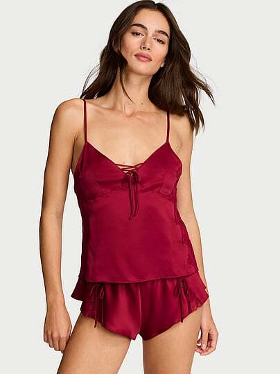 Victoria's Secret Very Sexy Satin Lace-up Cami & Flutter Short Set - Red