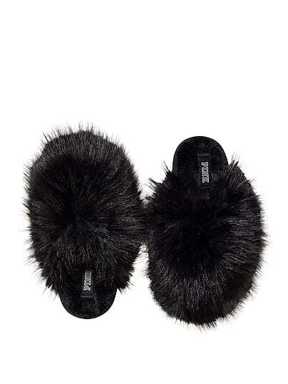 Pink Faux-fur Slippers - Black
