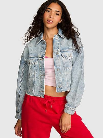 Pink Denim Cut-oﬀ Trucker Jacket - Blue