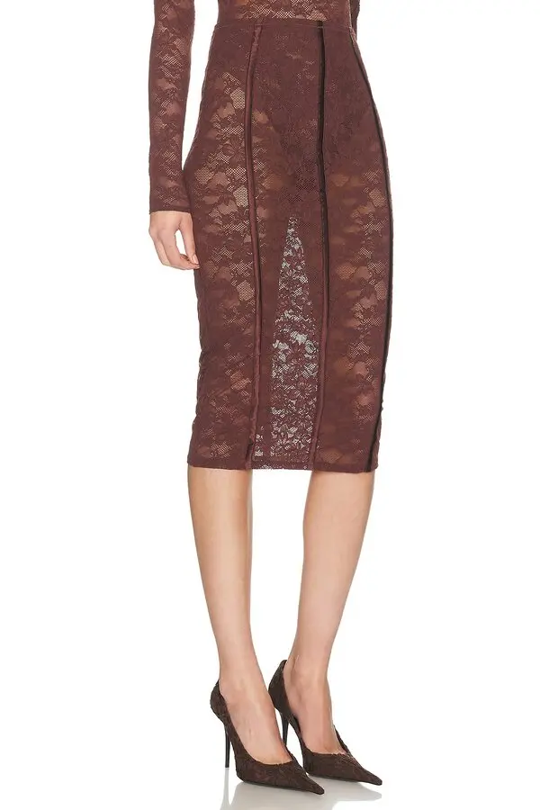 FLEUR DU MAL Le Stretch Lace Pencil Skirt In Brown