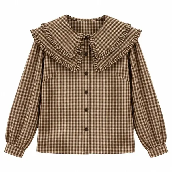 LATELIER LONDON Gingham Blouse With Oversized Ruffle Collar - Brown