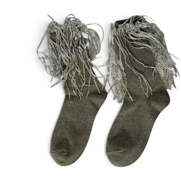 HIGH HEEL JUNGLE BY KATHRYN EISMAN Bowie Cotton Socks With Glitter Fringe - Grey