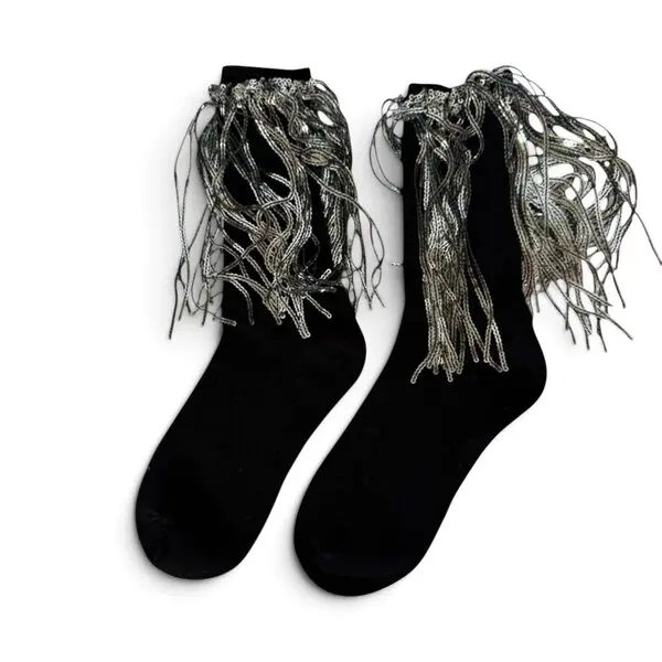HIGH HEEL JUNGLE BY KATHRYN EISMAN Bowie Cotton Socks With Glitter Fringe - Black