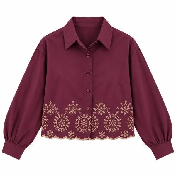 LATELIER LONDON Burgundy Embroide Blouse With Scalloped Hem - Red