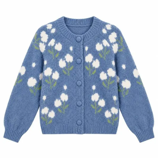 LATELIER LONDON Floral Knit Cardigan With White Daisy Pattern