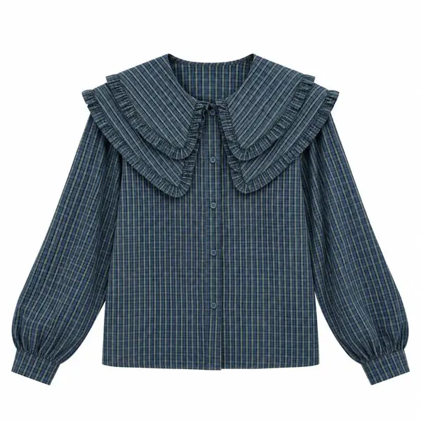 LATELIER LONDON Checked Blouse With Double Ruffle Peter Pan Collar - Blue