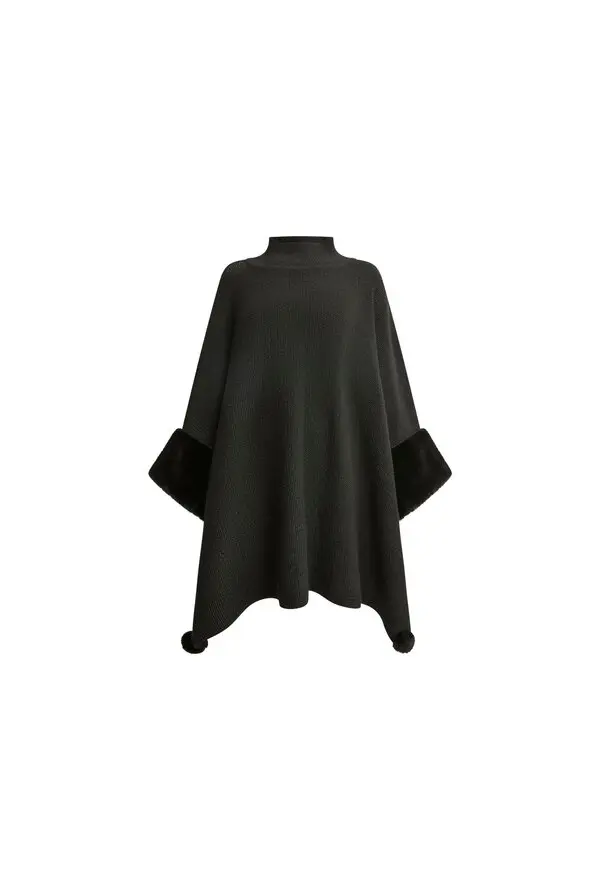 JAMES LAKELAND Pom Pom Faux Fur Knit Poncho - Black
