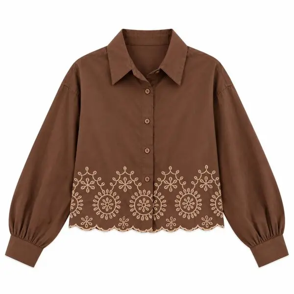 LATELIER LONDON Chocolate Embroidered Blouse With Scalloped Hem - Brown