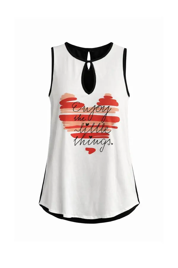 CONQUISTA Neutrals Sleeveless Contrast-trim Top With Keyhole Neckline & Graphic Print - Black