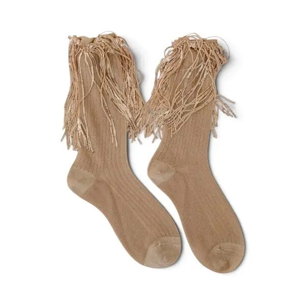 HIGH HEEL JUNGLE BY KATHRYN EISMAN Stevie Metallic Lurex Socks With Glitter Fringe - Brown