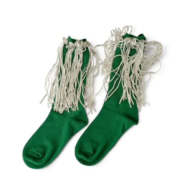 HIGH HEEL JUNGLE BY KATHRYN EISMAN Bowie Cotton Socks With Glitter Fringe - Green