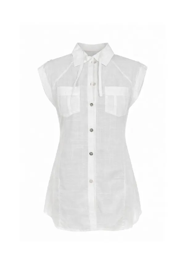 CONQUISTA Sleeveless Button-front Shirt With Utility Pockets – Modern Tailoring & Effortless Comfort - White