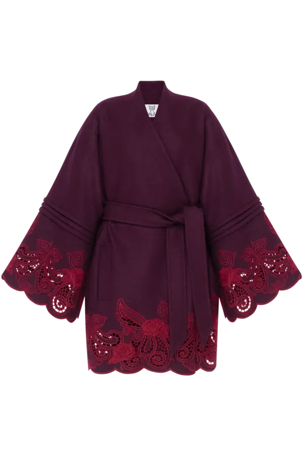 ANNABO Winter Plum Embroidered Wool Wrap Coat - Purple