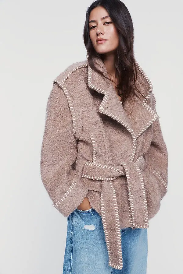 Anthropologie Wool Blend Bouclé Blanket Coat Jacket - Tan