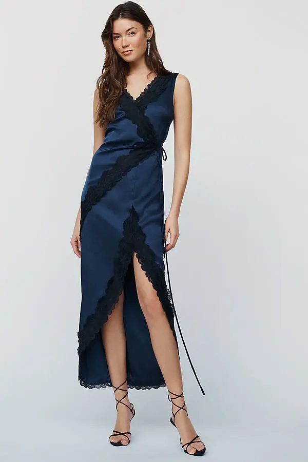 Avec Les Filles Sat Lace Wrap Dress - Navy