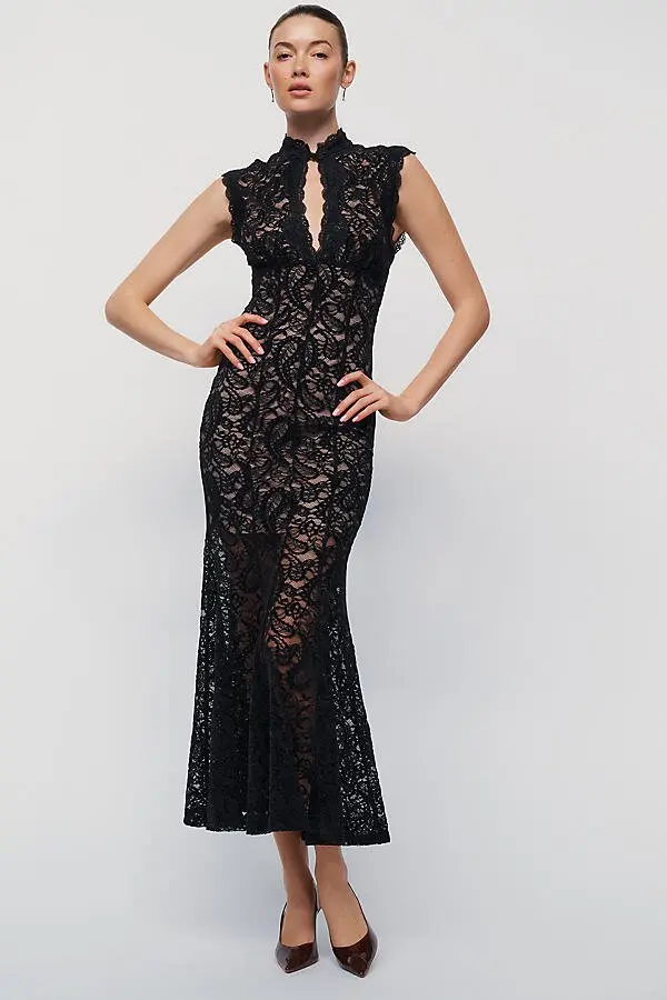 Avec Les Filles Sheer Lace Keyhole Maxi Dress