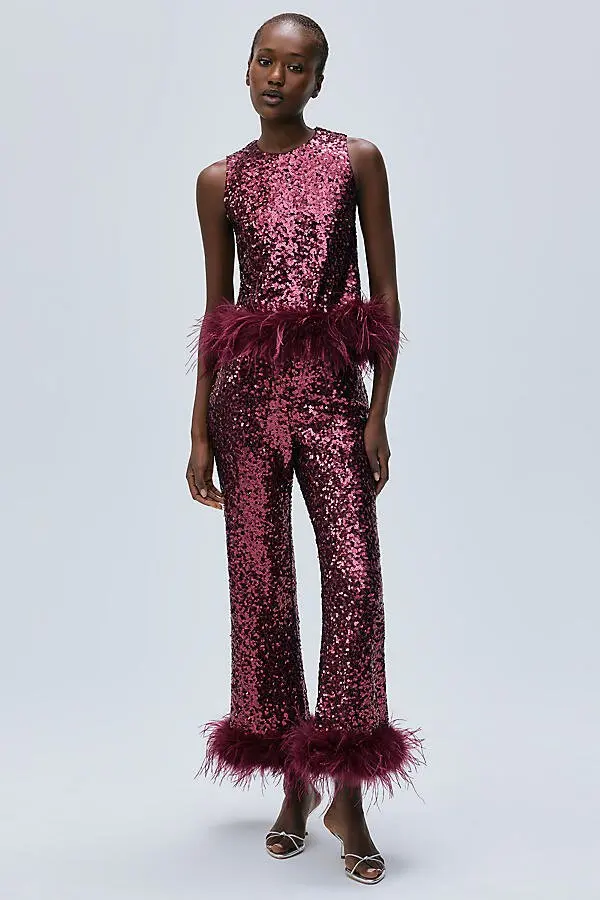 HUTCH Koto Sequed Faux Feather High Rise Pants