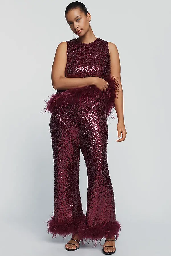 HUTCH Koto Sequed Faux Feather High Rise Pants