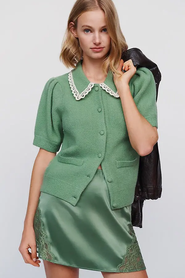 English Factory Embellished Puff-sleeve Knit Cardigan