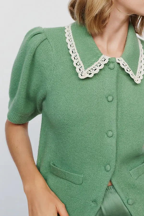 English Factory Embellished Puff-sleeve Knit Cardigan