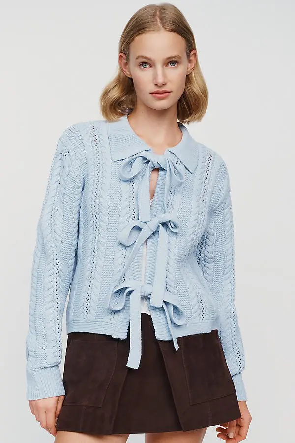English Factory Cable Knit Tie Front Cardigan - Light Blue