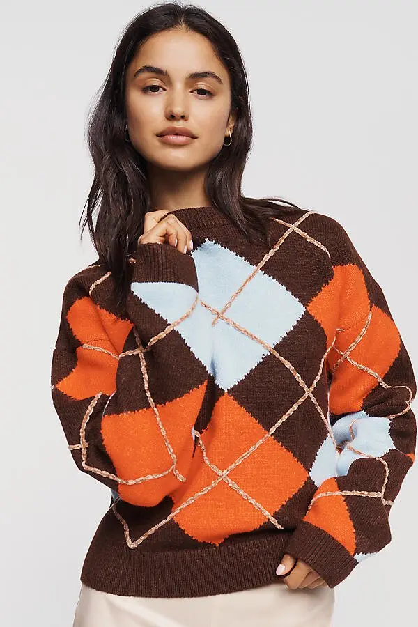 English Factory Overd Argyle Sweater - Brown Pattern
