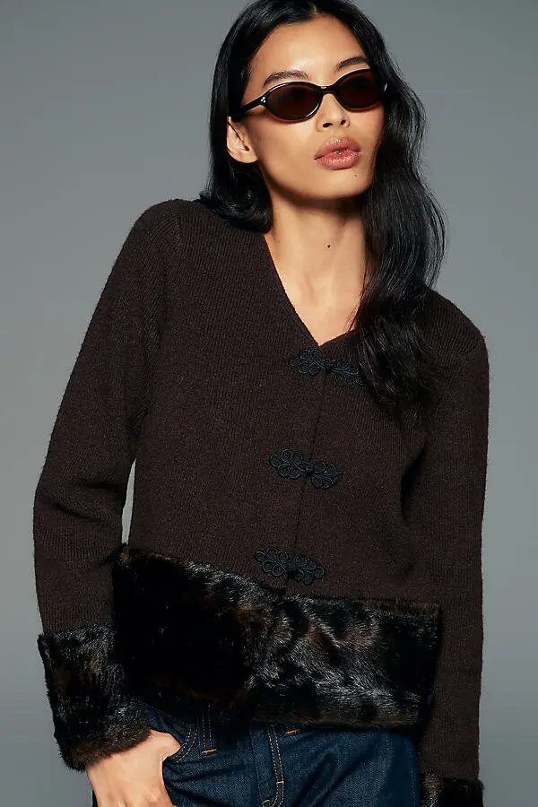 Avec Les Filles Faux Fur Trim Frog Closure Cardigan - Chocolate