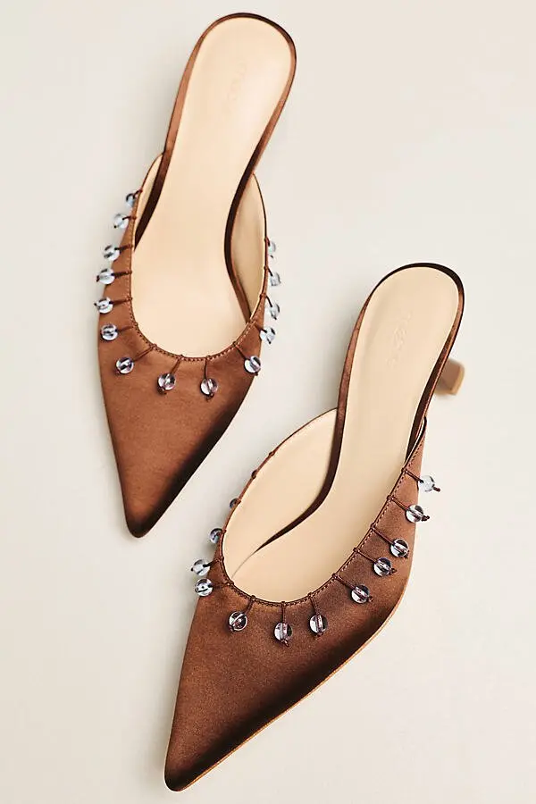 Maeve Sat Beaded Poted Toe Mule Heels - Brown
