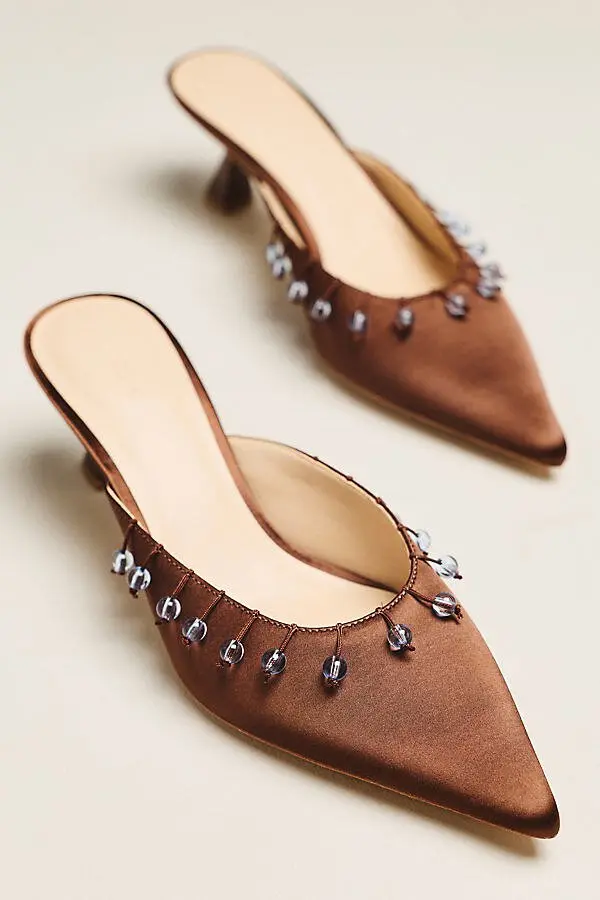 Maeve Sat Beaded Poted Toe Mule Heels - Brown