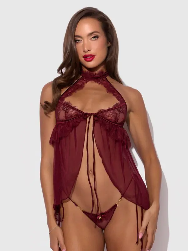 Frederick's Of Hollywood Lilith Lace & Mesh Halter Babydoll Set - Cabernet