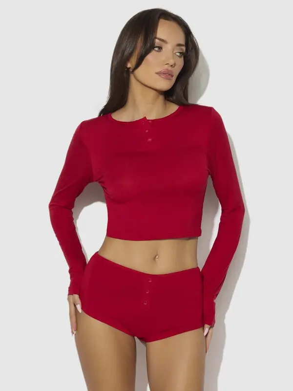 Frederick's Of Hollywood Seraphina Modal Long Sleeve Crop And Short Sleep Set - Candy Red