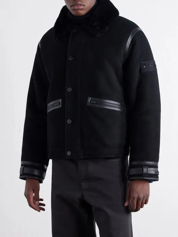 Stone Island Ghost Leather And Shearling-trimmed Suede Jacket