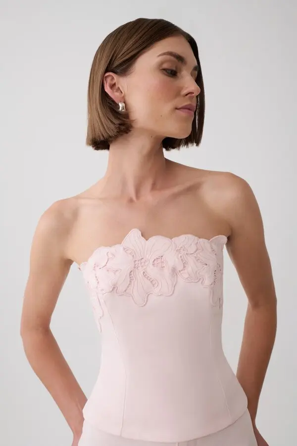 Meshki Tillie Flower Embroidery Strapless Denim Top - White